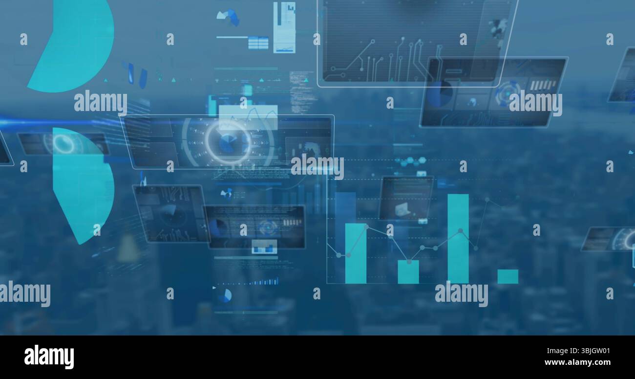 Displaying translucent digital panels floating above city skyline, with ...