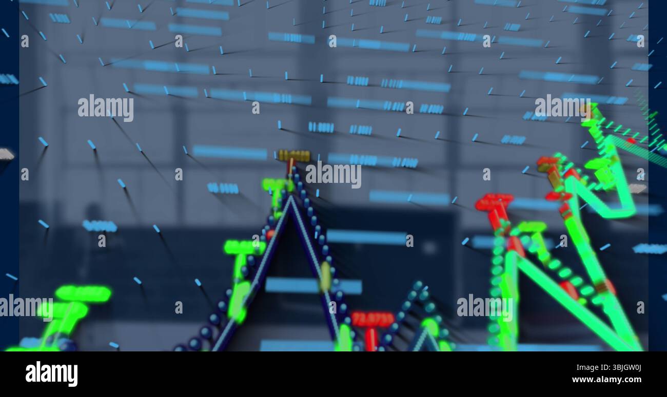 Displaying 3D holographic graph showing trend lines, data nodes and bar ...