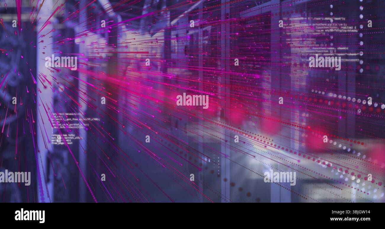Streaming light streaks down data center aisle between server racks, with code snippets Stock ...