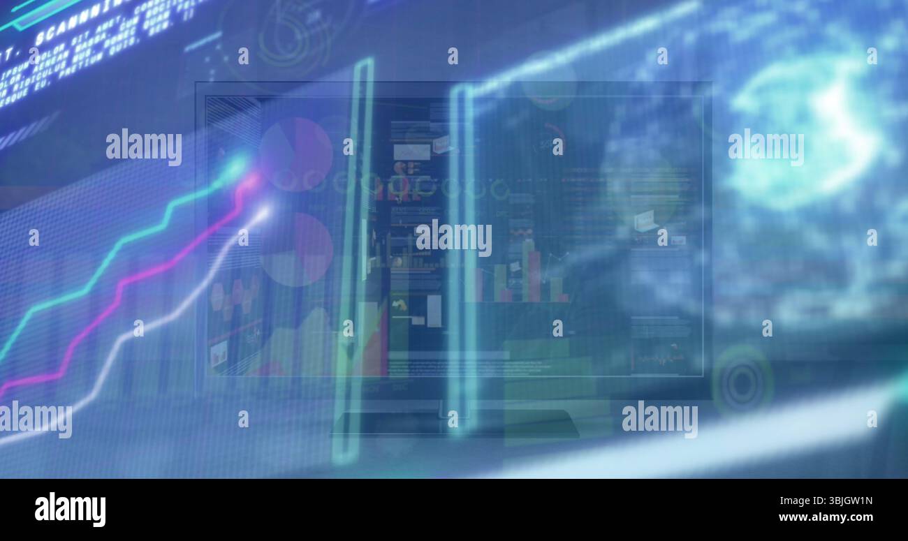 Streaming holographic interface in control room, showing line, bar and ...