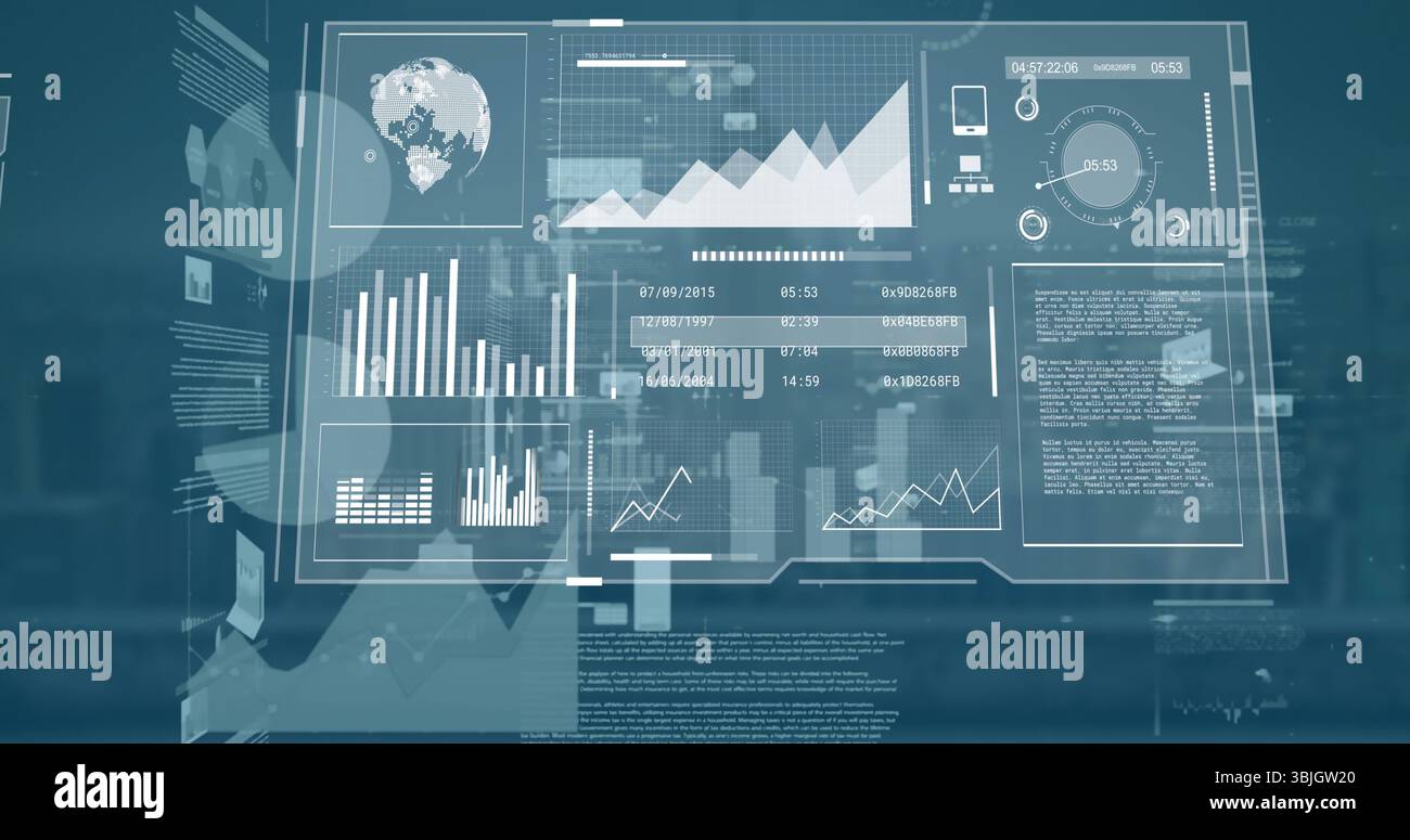 Transparent digital dashboard interface floating in office window, with ...