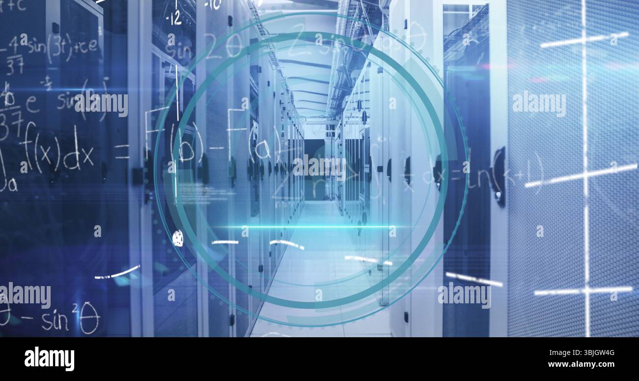 Illuminating data center corridor showing LED lights, servers, network ...