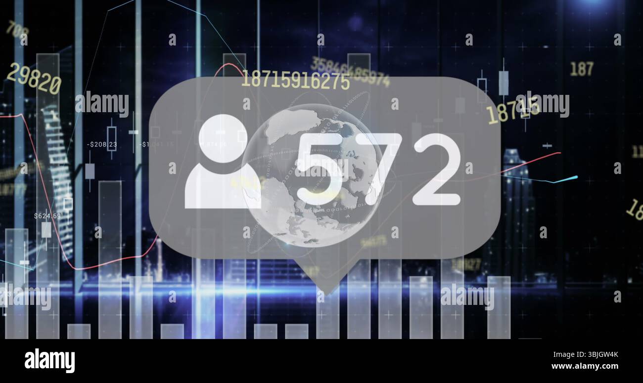 Floating speech-bubble overlay featuring avatar, globe, 572 label over chart-filled dashboard ...