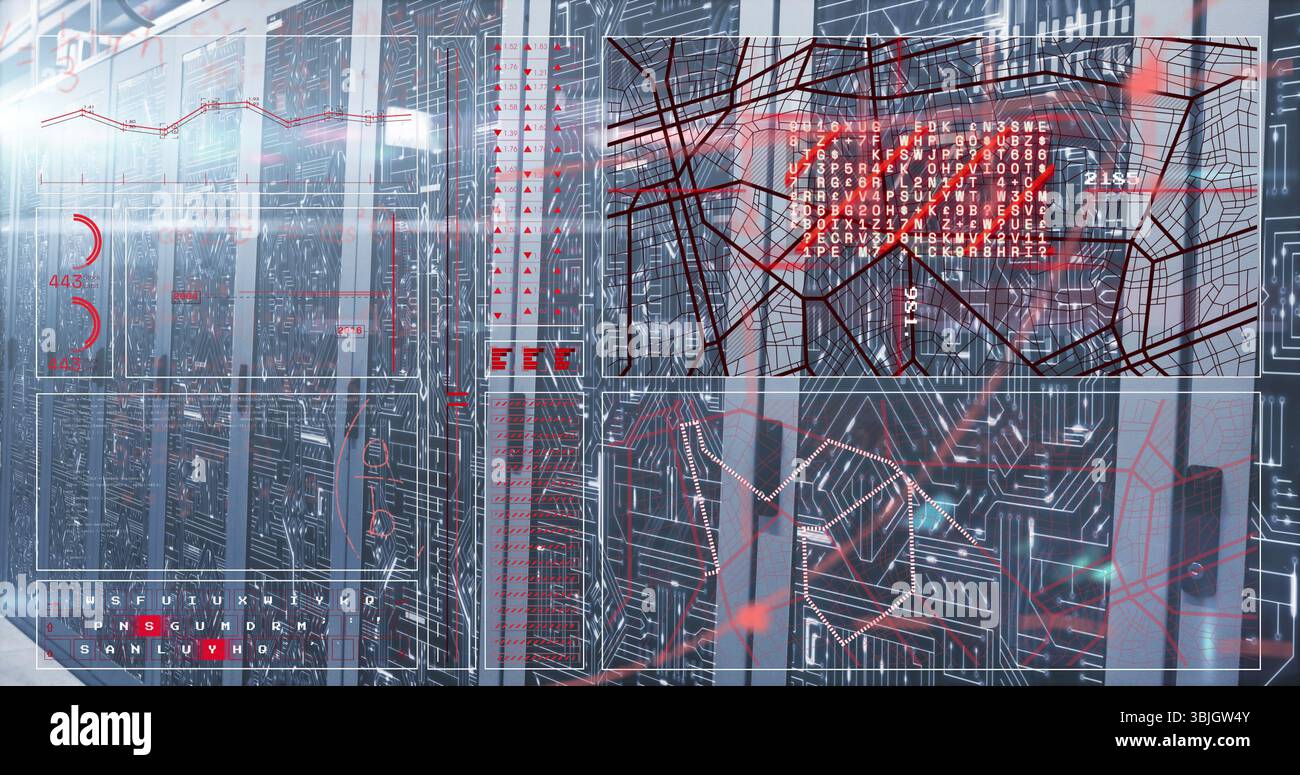 Glowing server cabinets lining data center corridor, with blinking lights and digital overlays ...