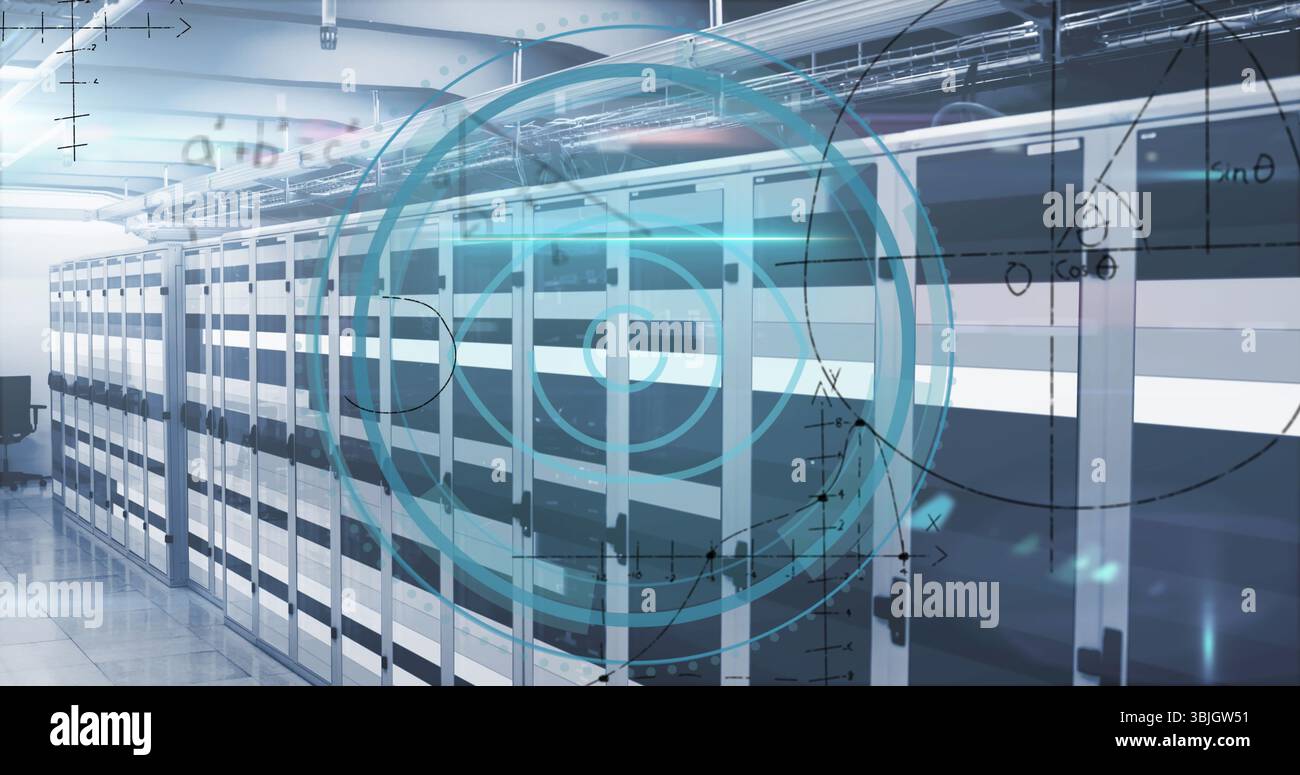 Displaying server racks lining server room corridor, showing cabling ...