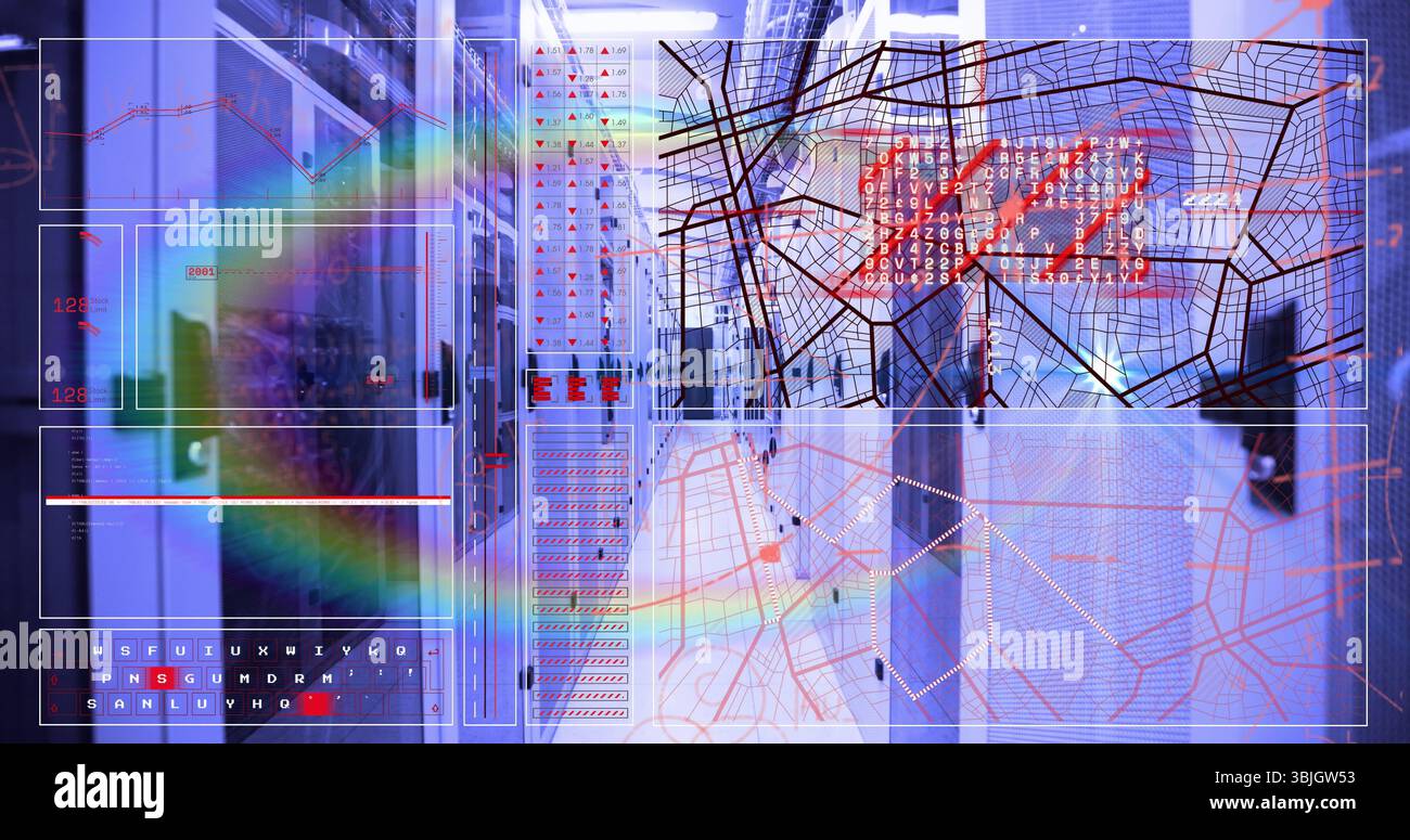 Displaying server rack cabinets projecting network topology overlays in narrow data center aisle ...
