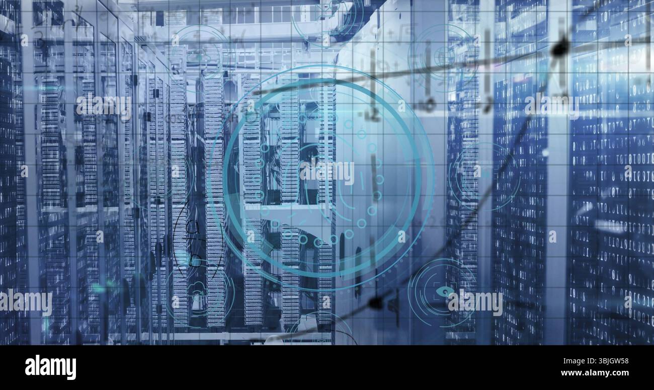 Central server rack unit showing holographic network graphics in data ...