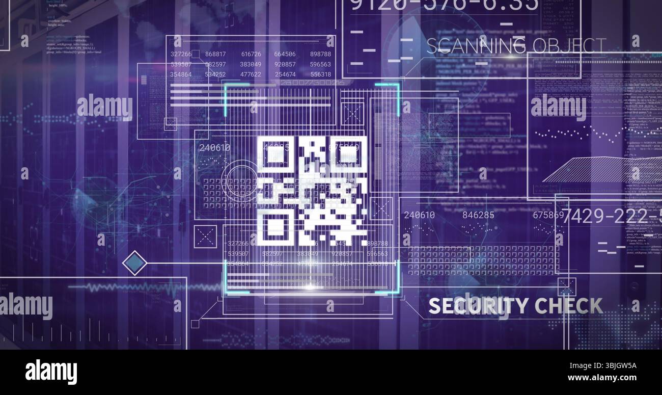 Displaying security UI featuring QR code scanning brackets, data streams, text labels and ...