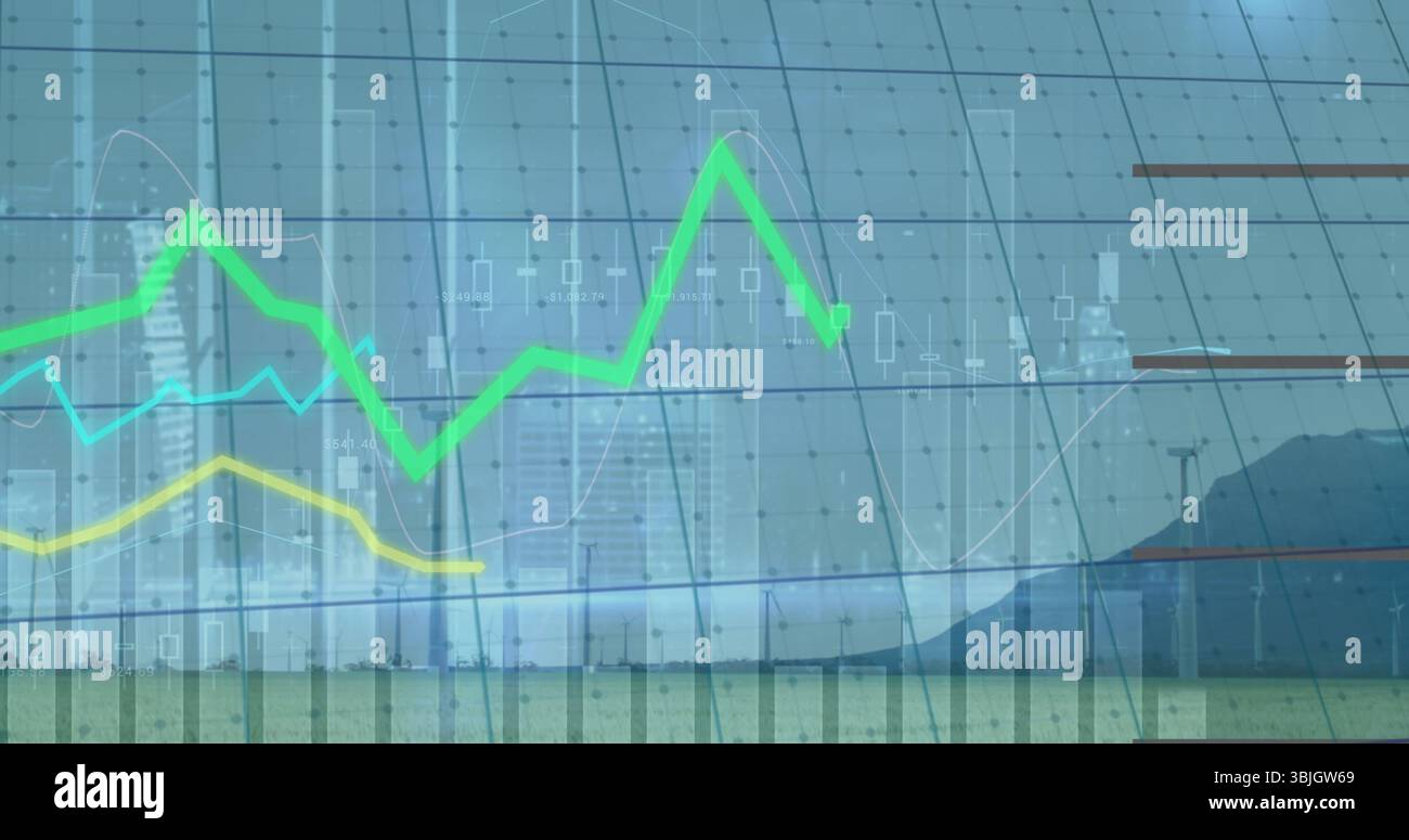 Displaying digital chart overlaying city and mountains with grid, line graphs and candlesticks ...
