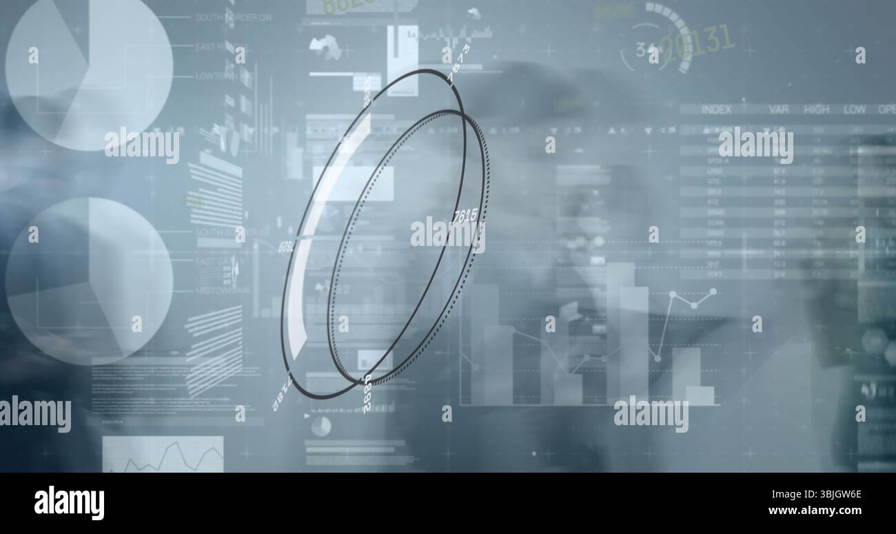 Displaying data dashboard showing 3D ring with numeric labels in data-analysis display, pie ...