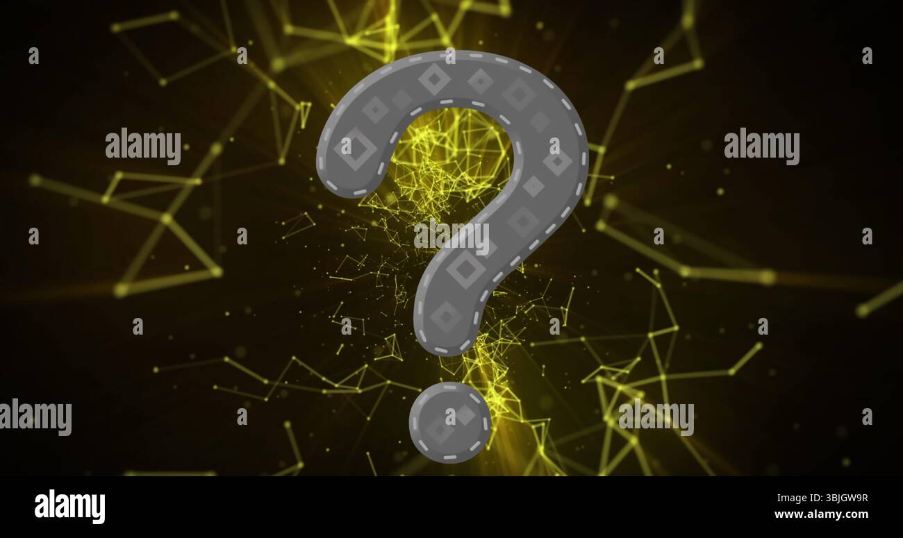 Showing question mark floating in dark network, with glowing yellow nodes and squares Stock ...