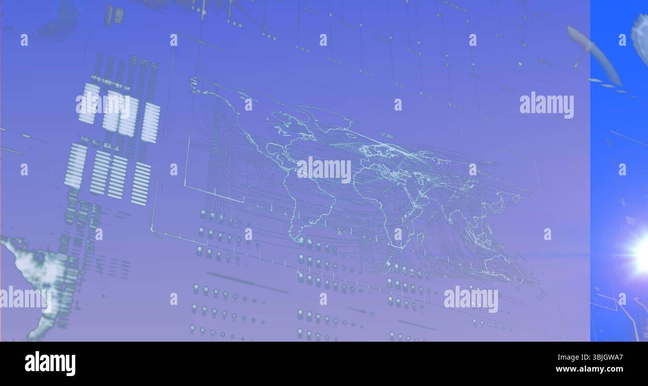 Showing translucent world map on virtual interface, with circular nodes, grid bars and lens ...