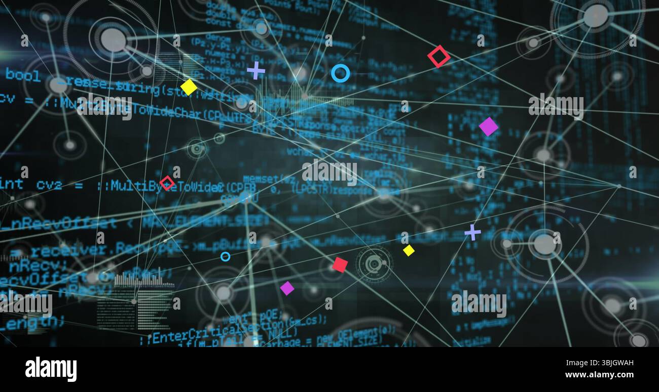 Displaying abstract digital network in data environment, with colored ...