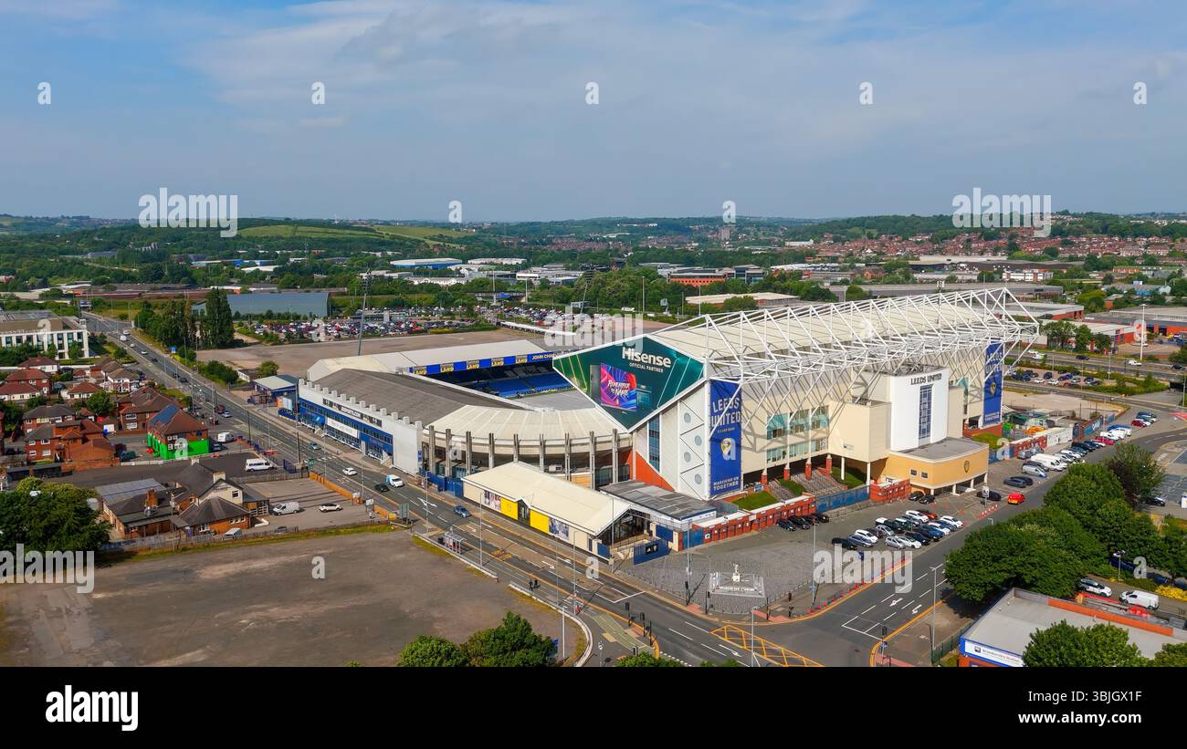 LEEDS, UK - JUNE 12, 2025 - Aerial view of Elland Road Stadium in Leeds ...