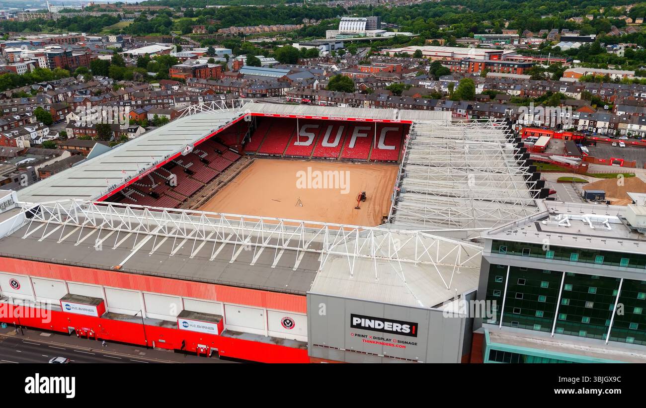SHEFFIELD, UK - JUNE 14, 2025 - High angle view of Bramall Lane ...