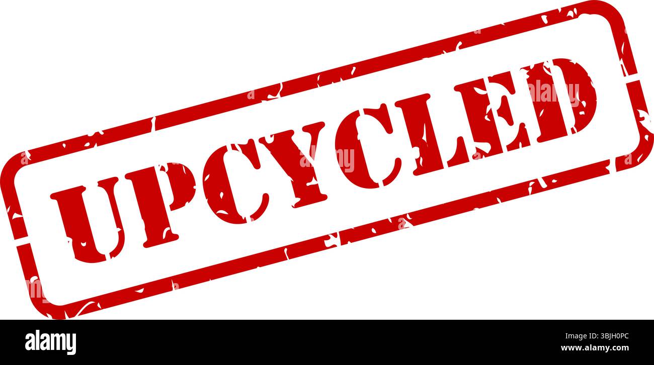 Upcycled label in stencil lettering as an isolated red rubber stamp ...