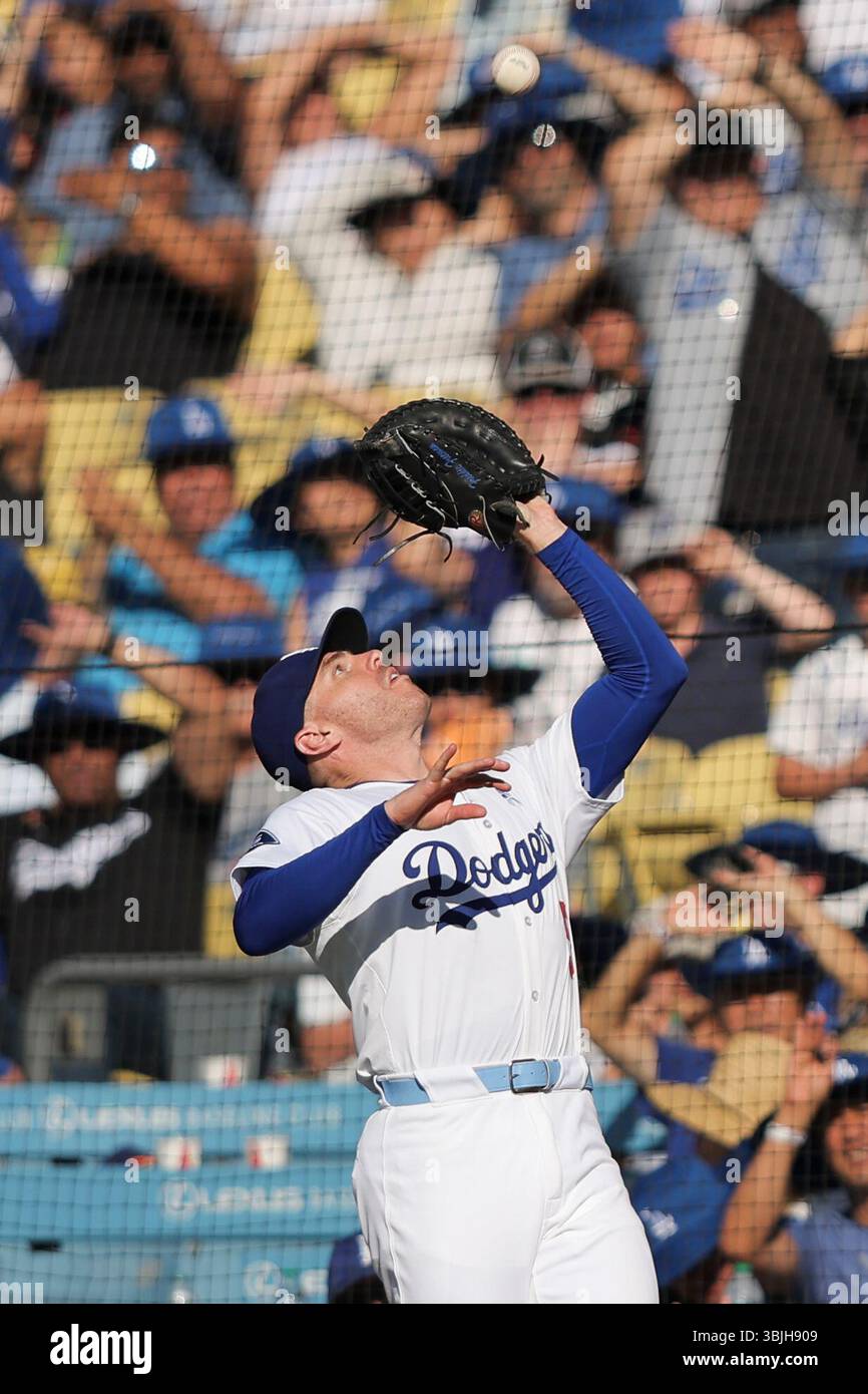 Los Angeles Dodgers first baseman Freddie Freeman makes a catch during ...