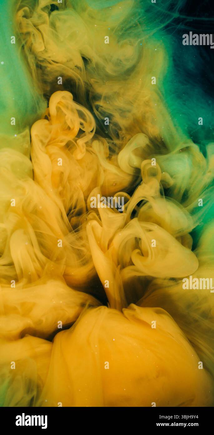 Cloud splash. Ink colorful fluid. Yellow green mist explosion paint ...
