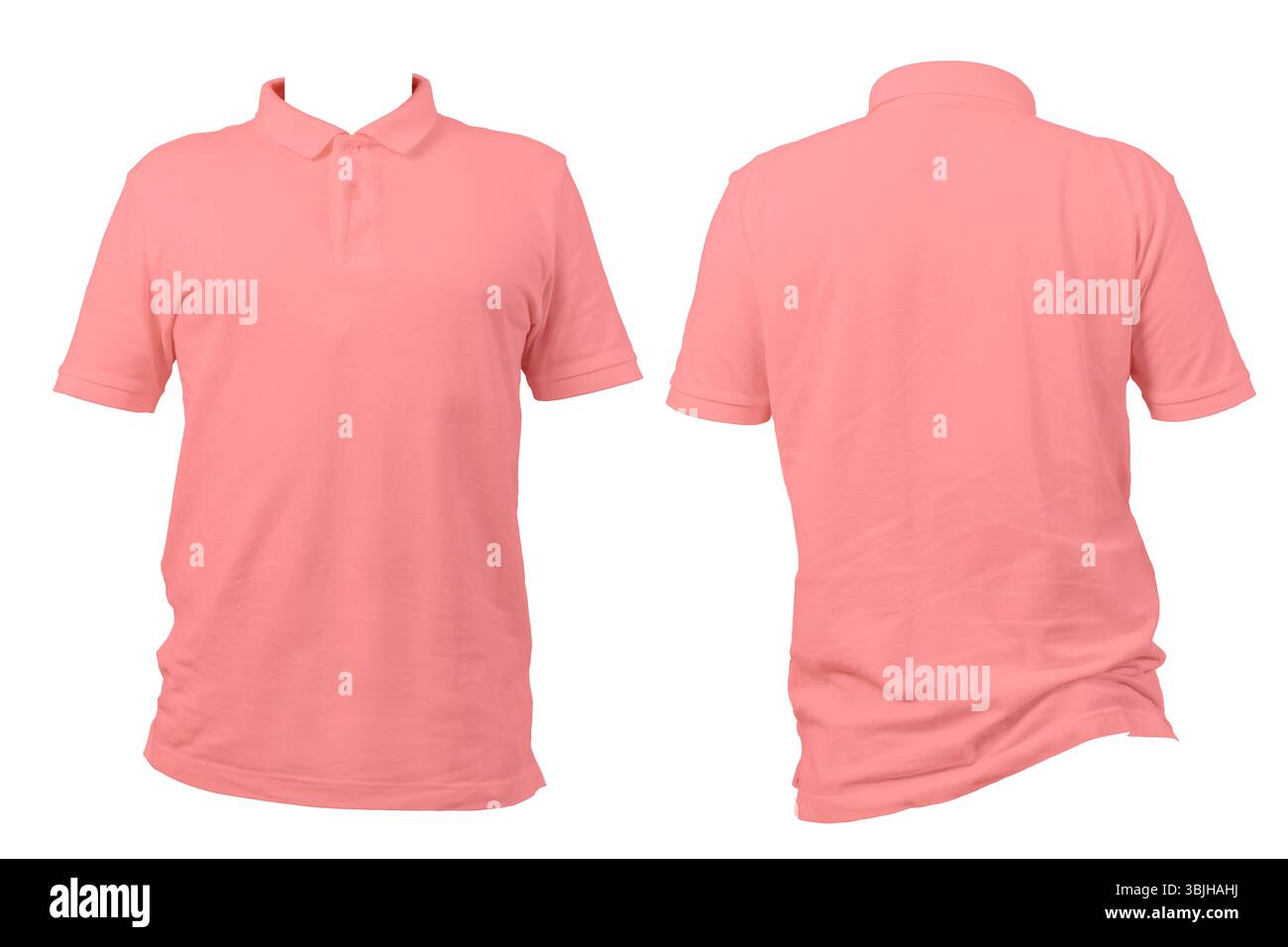 Plain pink polo shirt showing front and back views on white background ...