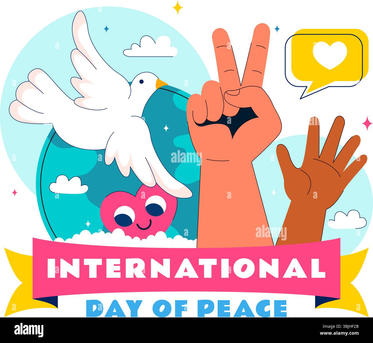 International Peace Day Vector Illustration Featuring Hands, Dove, Globe, and Blue Sky to ...