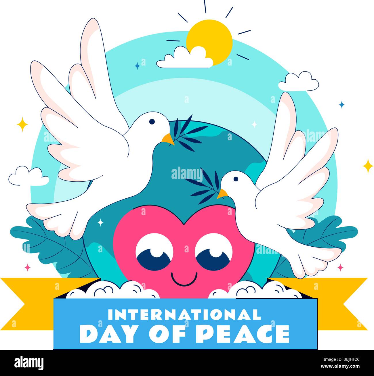 International Peace Day Vector Illustration Featuring Hands, Dove, Globe, and Blue Sky to ...