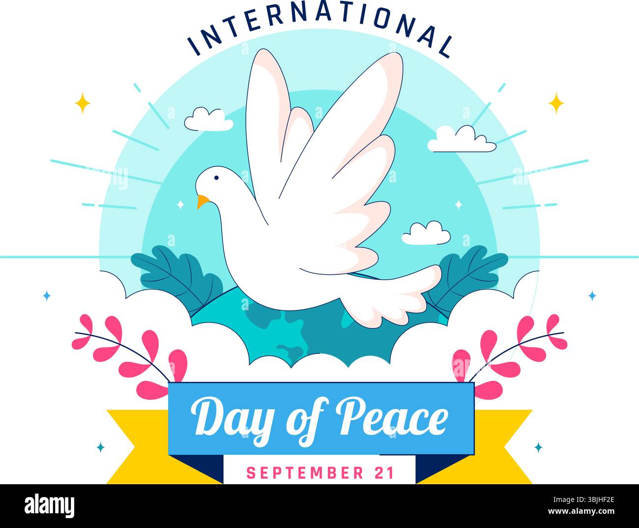 International Peace Day Vector Illustration Featuring Hands, Dove, Globe, and Blue Sky to ...