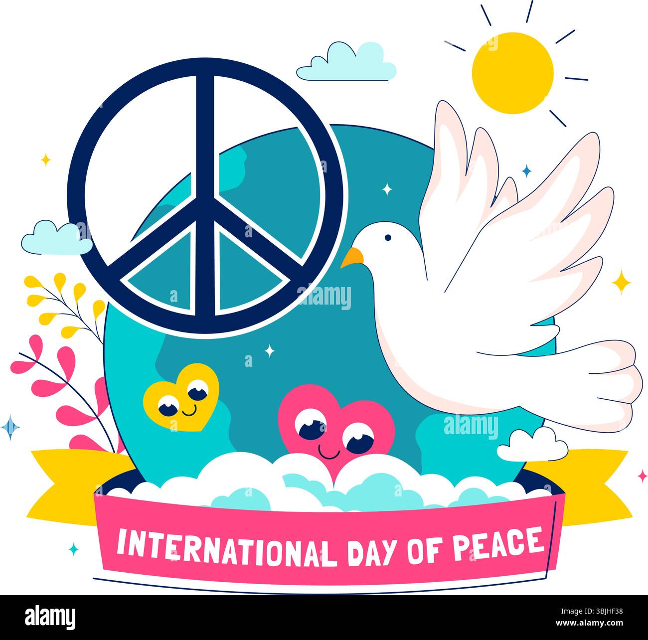International Peace Day Vector Illustration Featuring Hands, Dove, Globe, and Blue Sky to ...