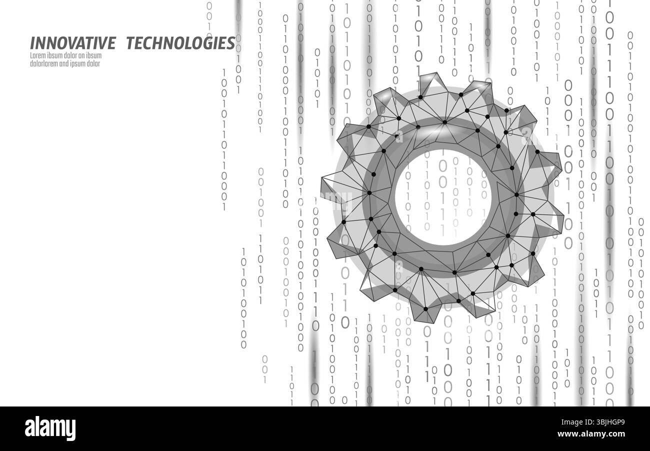 Digital gear with binary code overlay. Low poly network mechanics ...