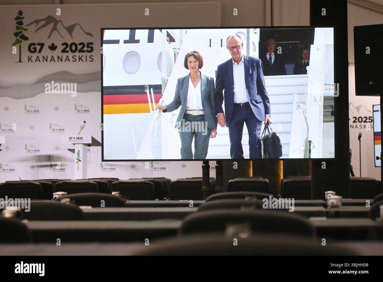 Kananaskis, Alberta, Kanada, 16.06.2025: Medienzentrum: G7-Gipfel 2025: Auf einem Bildschirm ...