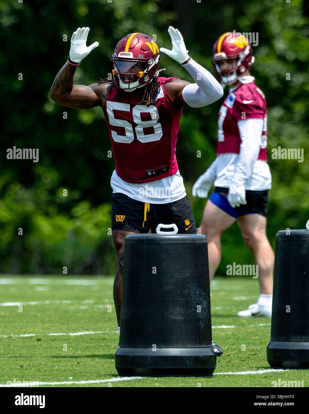 Washington Commanders linebacker Jordan Magee (58) during drills in the ...
