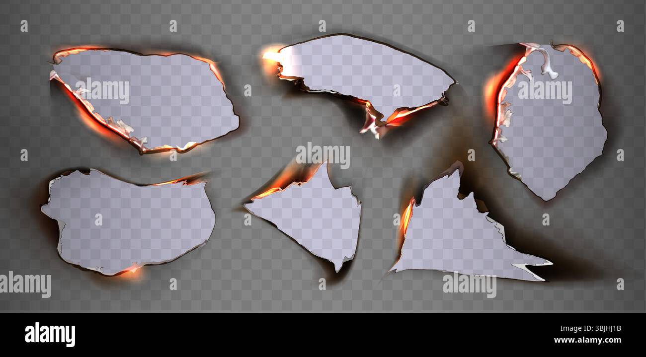 Set of burnt paper hole frames with realistic fire effects around edges ...