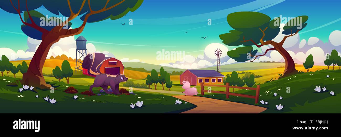 Cartoon pig runs from angry skunk on farm landscape - pink piggy flees ...