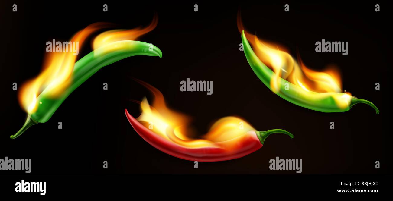 Burning hot chili peppers with realistic fire flames on black ...