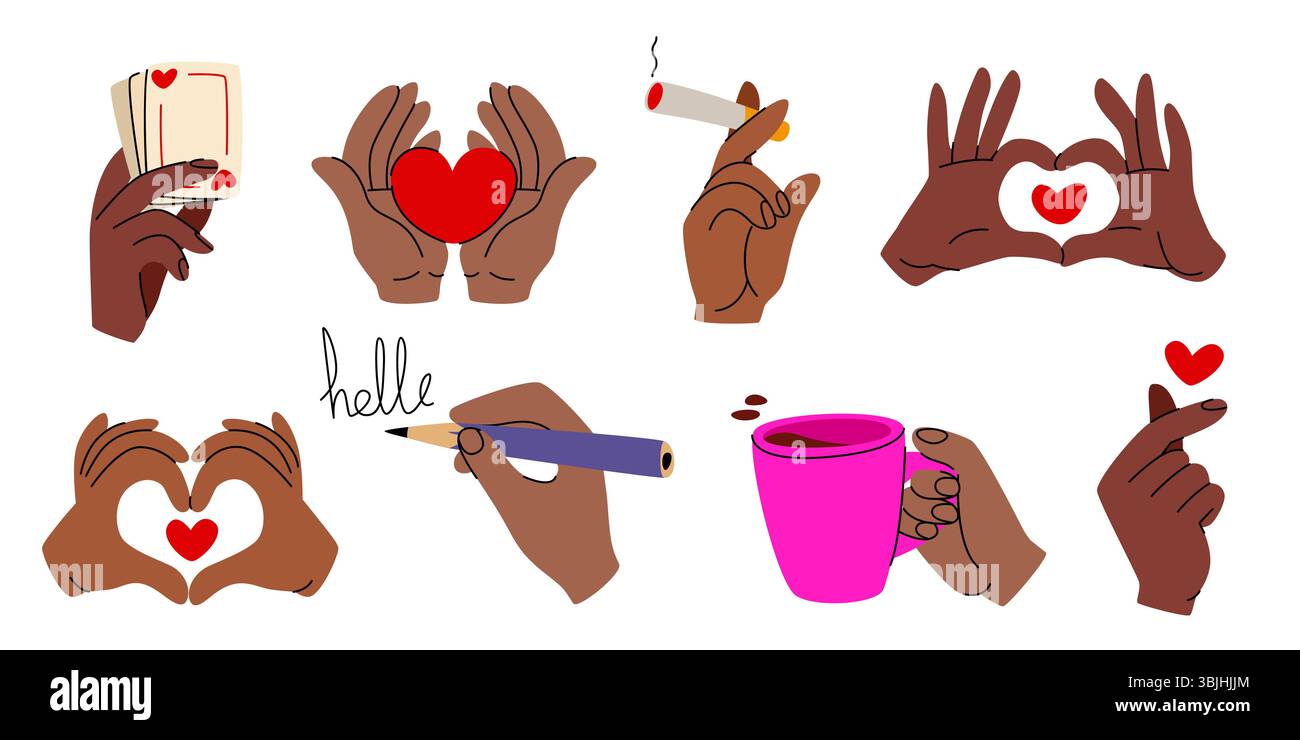 Doodle hand gesture set - diverse skin tone arms showing hold actions ...