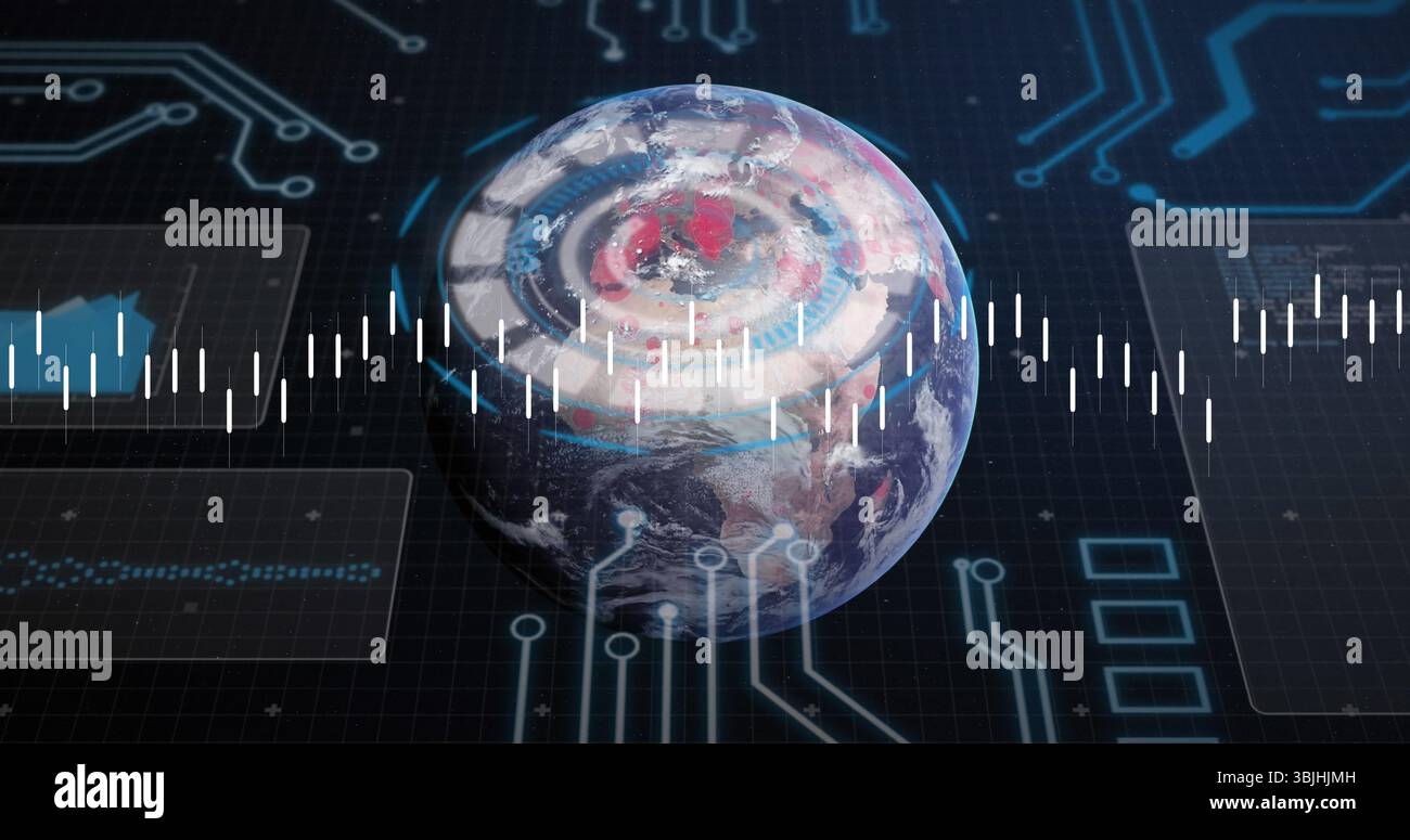 Displaying 3D Earth rippling rings on grid interface, with waveform, circuit traces, UI outlines ...