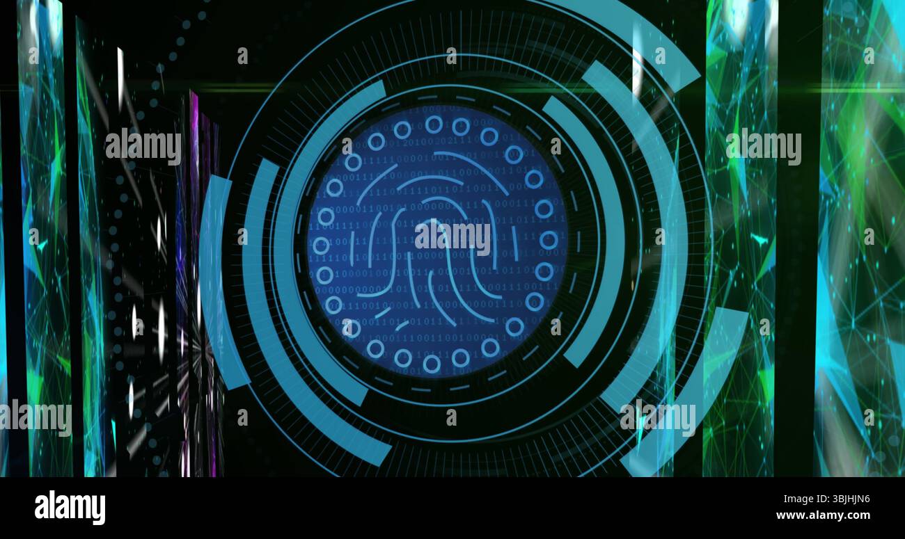 Displaying biometric fingerprint icon over data interface, with binary code and neon mesh panels ...