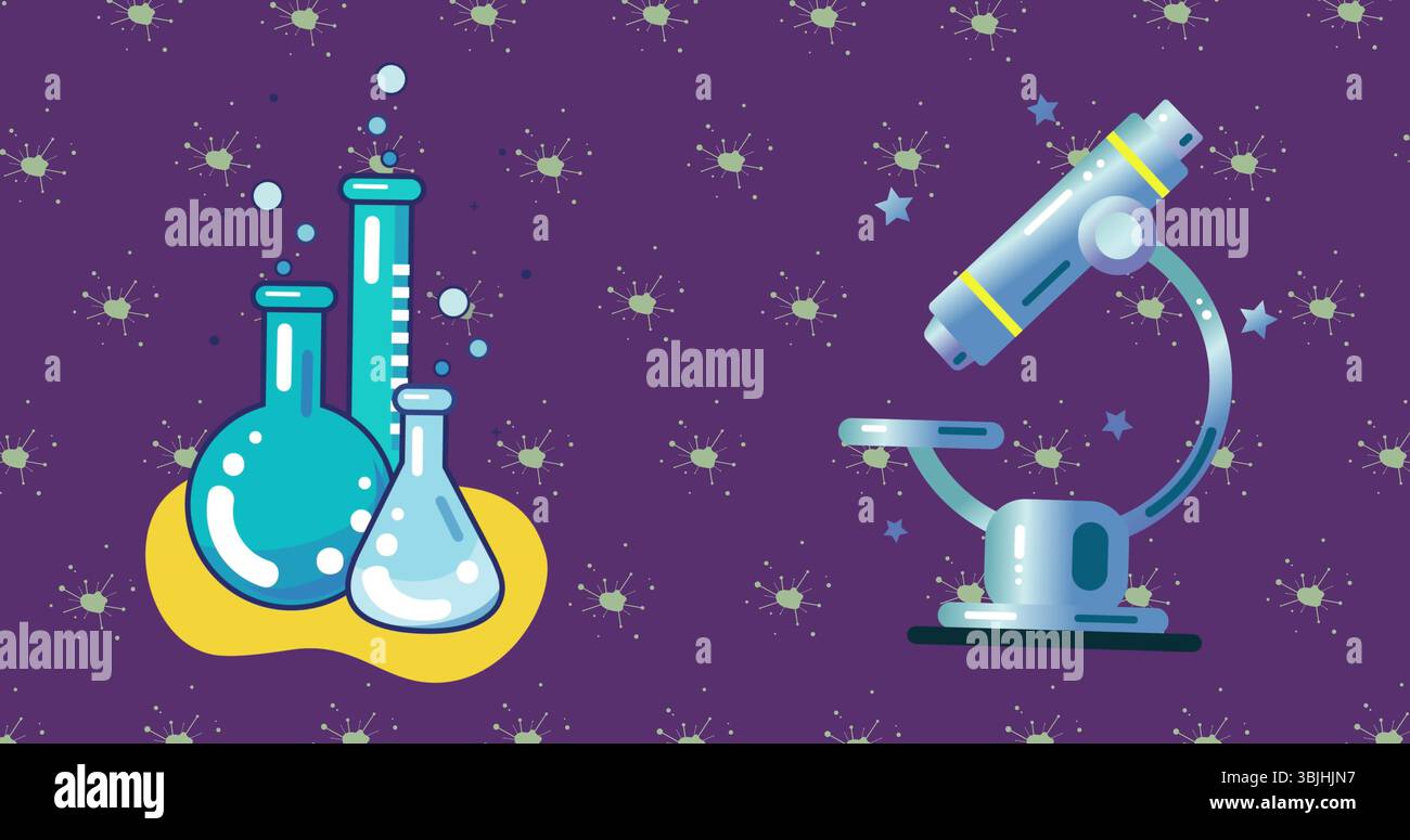 Showing stylized science icons glowing on purple backdrop, with lab ...