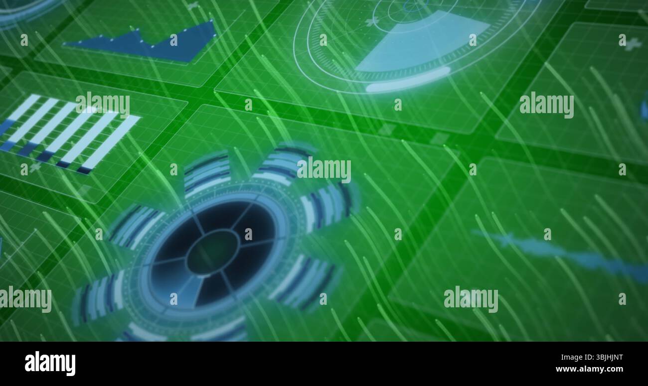 Floating holographic panels displaying line graphs, bar charts, gauge dials over 3D triangular ...