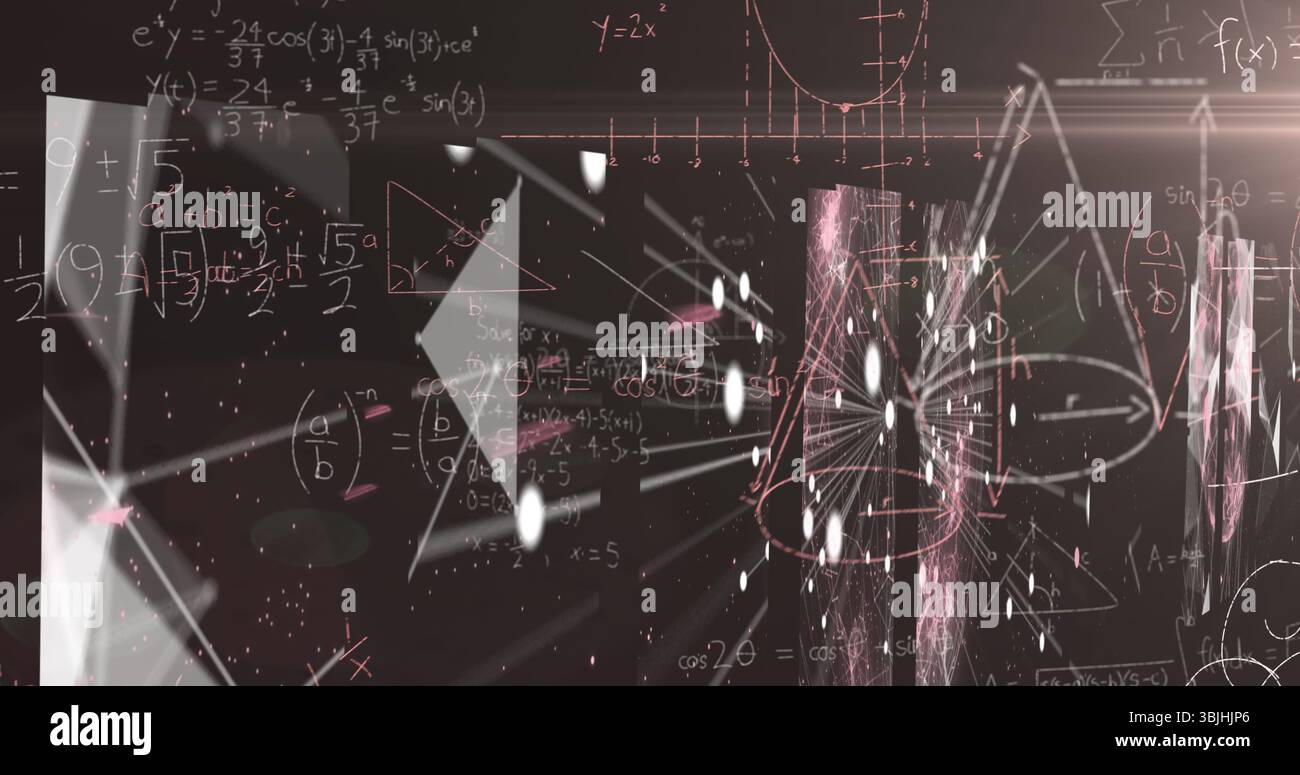 Floating equations and wireframe shapes swirling in grid, with light ...