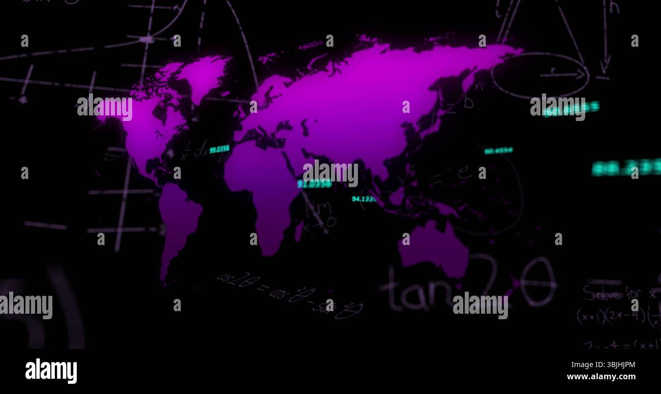 Displaying Magenta Stylized World Map On Dark Interface With Grid Lines Formulas And