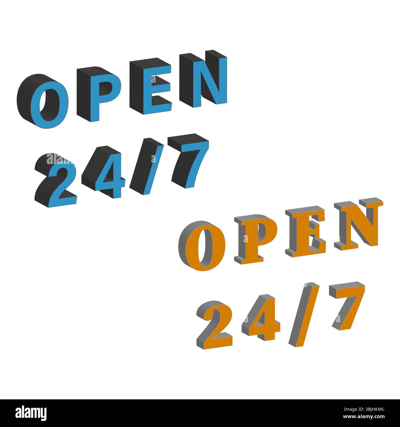 Open 24 7 text. Vector bold typography. Blue yellow layout. Three ...