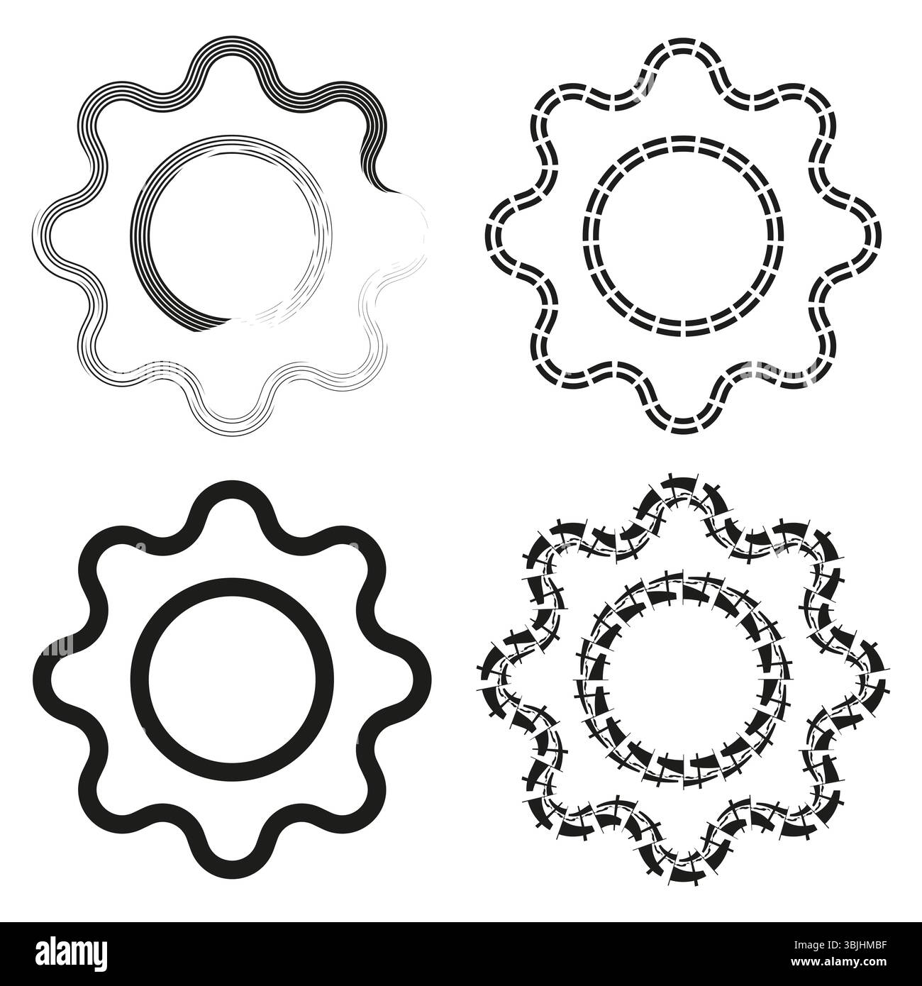 Outlined gear icons. Textured cog shapes. Mechanical tool set. Vector industrial symbol Stock ...