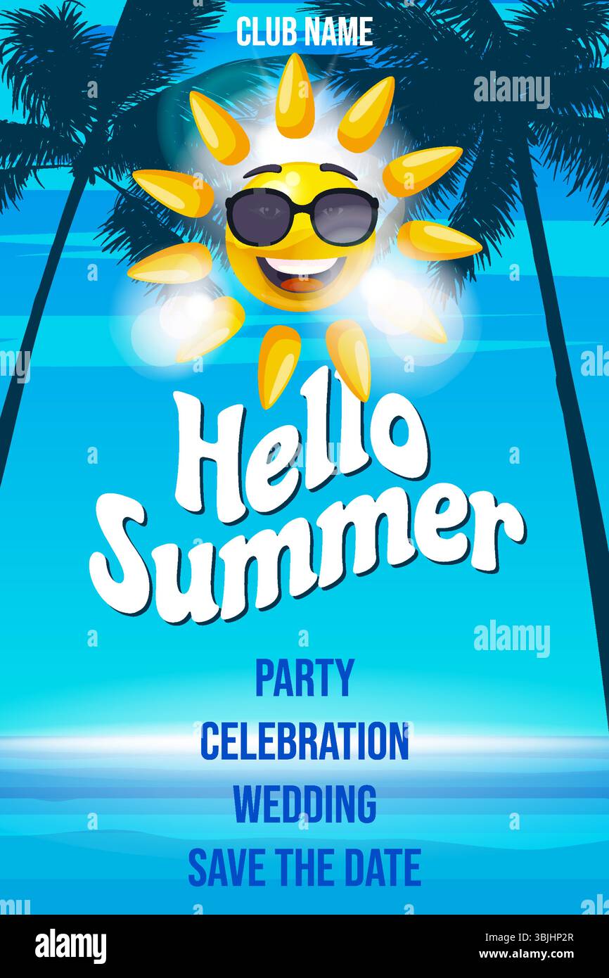 Hello Summer Holiday poster Sun cartoon character Stock Vector Image ...