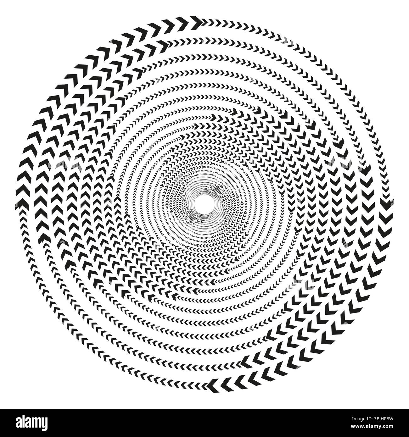 Curved dot spiral. Black white illusion. Swirling vector shape. Abstract optical motion Stock ...