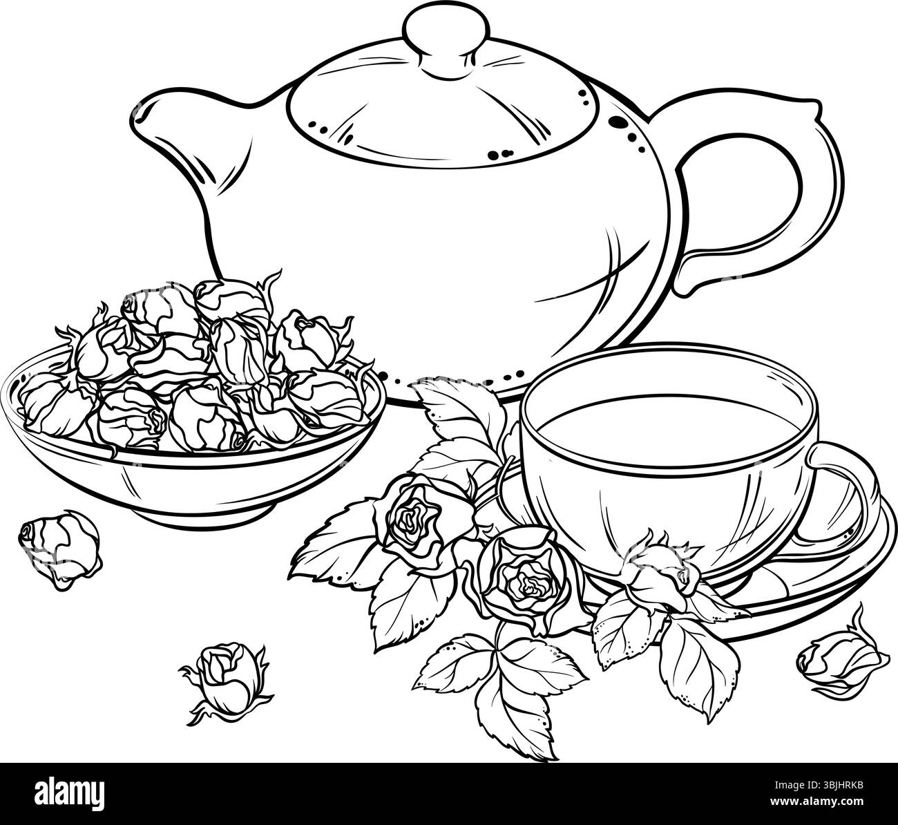 Cup of Rose Tea and Teapot Outline Illustration Stock Vector Image ...