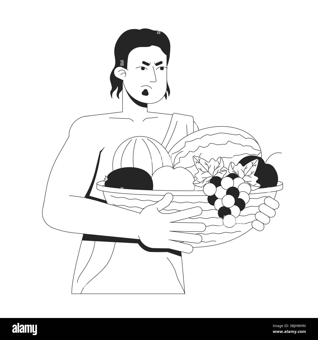 Displeased ancient man in toga holding fruit basket 2D line bible ...