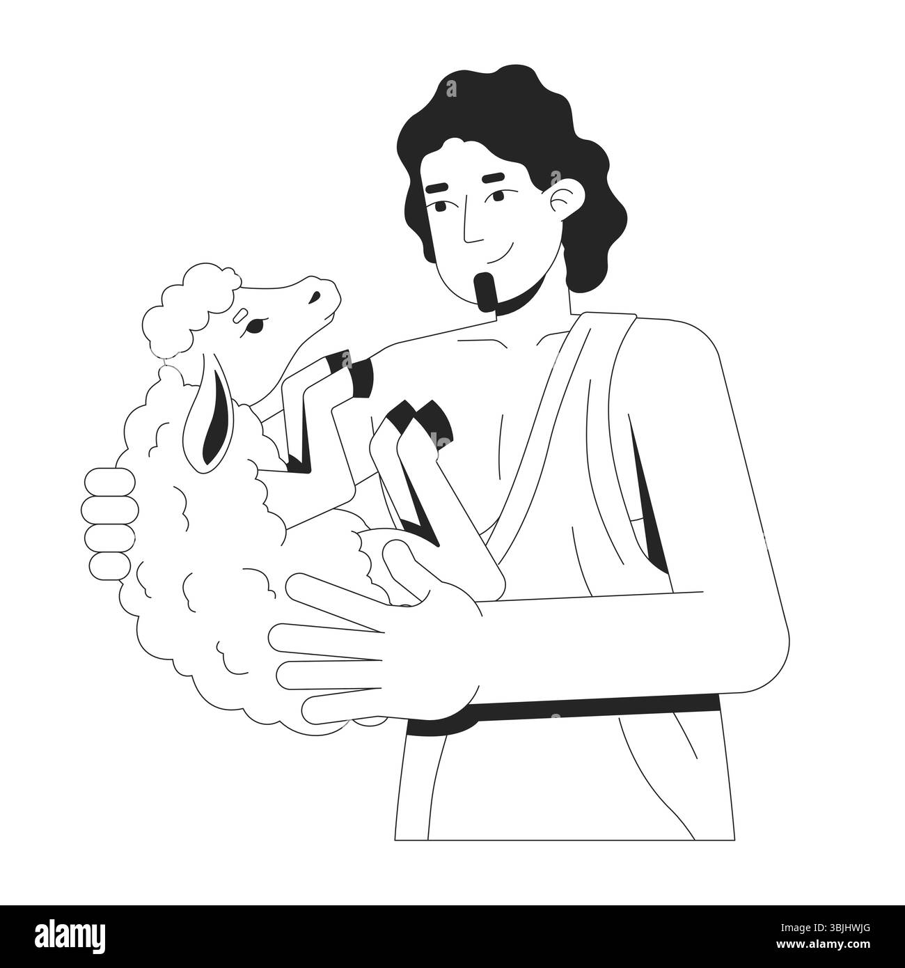 Biblical shepherd tenderly cradling lamb in arms 2D line bible ...