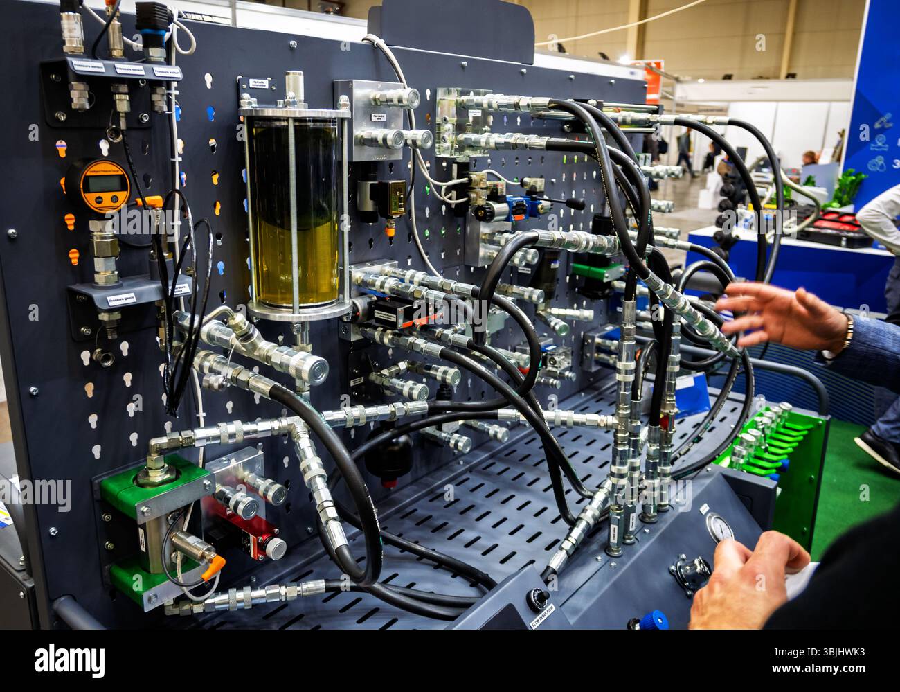 Complex hydraulic system demonstration unit with components like valves ...