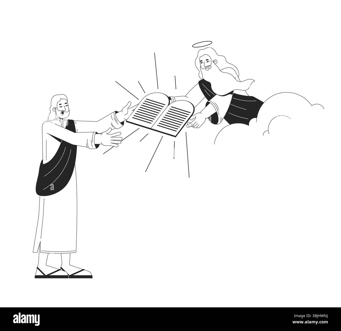Moses receiving ten commandments from God 2D line bible characters ...