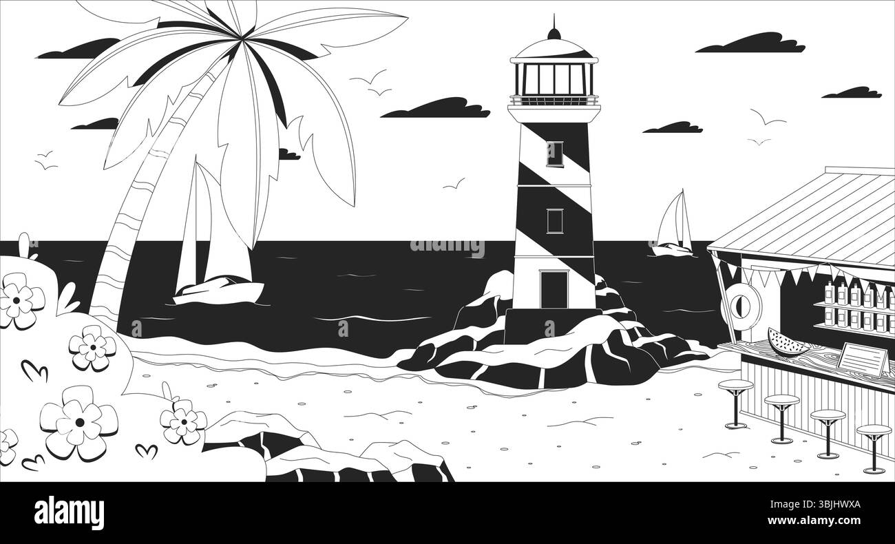 Sunset ocean bay lighthouse with beach bar lofi illustration outline ...